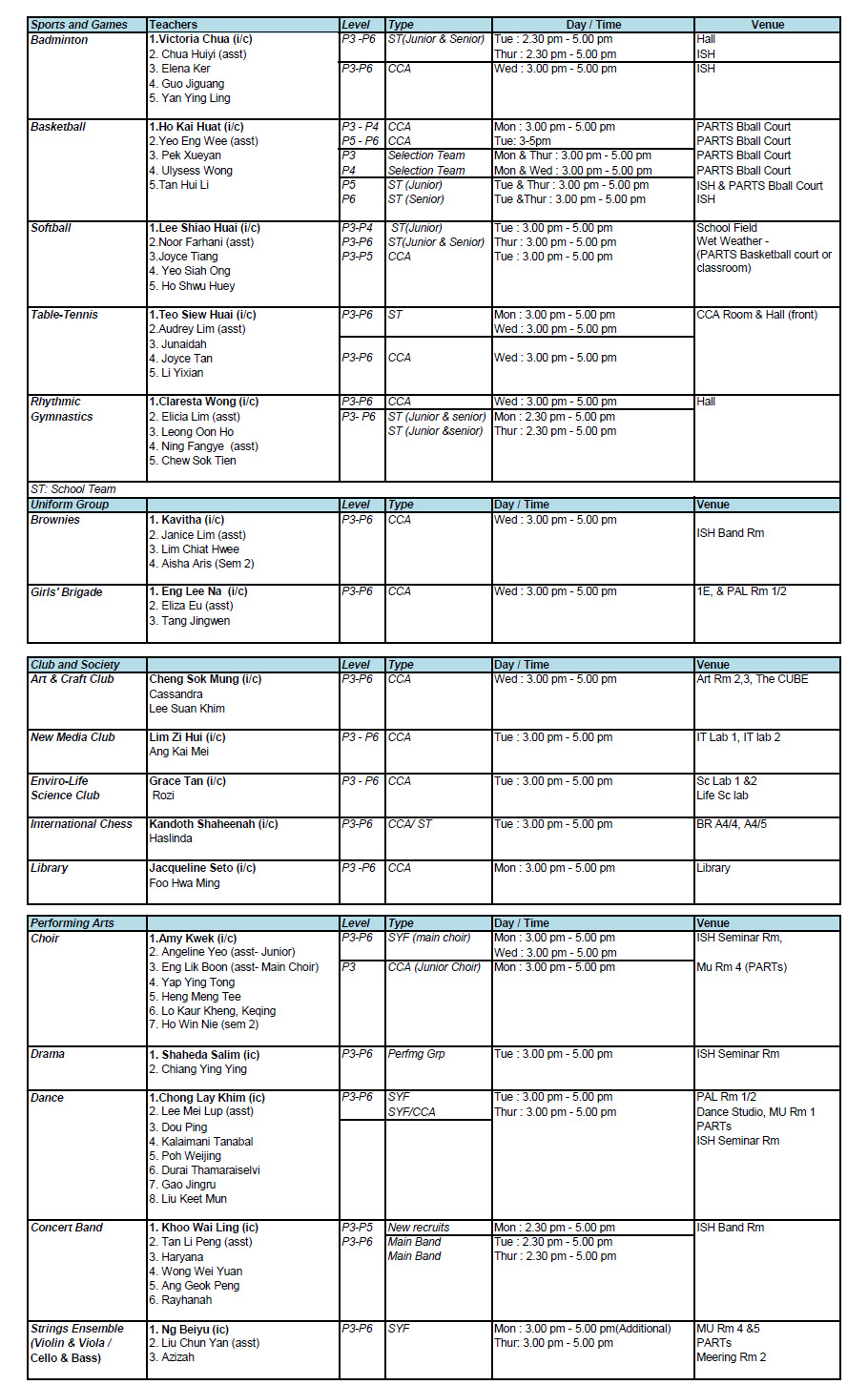 CCA Schedule and Information